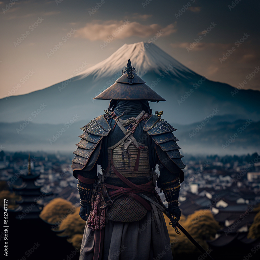 Portrait of a Samurai standing with his back, against the backdrop of a ...