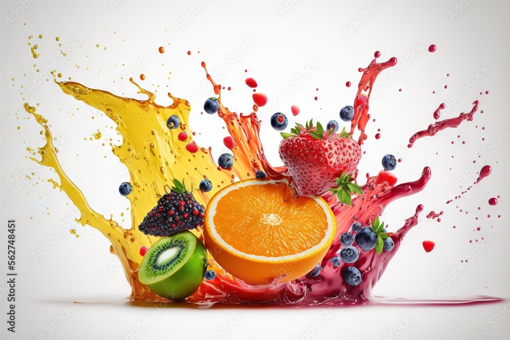 a fruit splash with oranges, kiwis, strawberries, and grapes on a white ...