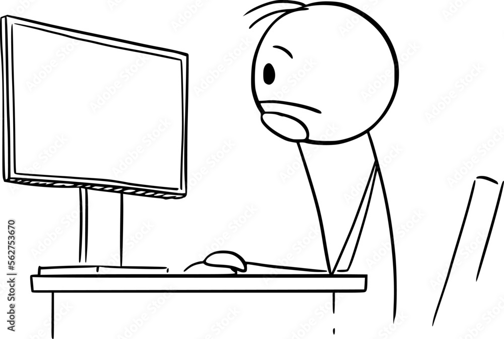 Bored Person Working on Computer , Vector Cartoon Stick Figure ...