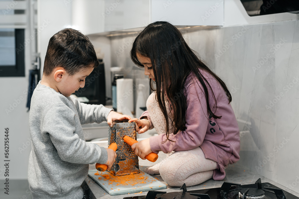 Brother and sister cook in the kitchen together, grating carrots ...