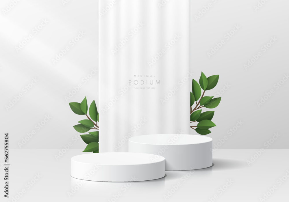 Realistic white cylinder pedestal podium set 3D background with white ...