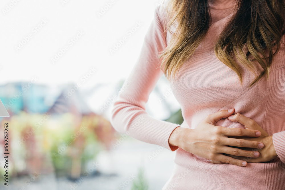 Sad Woman Stomach Ache from menstruation. young female unhappy unwell ...