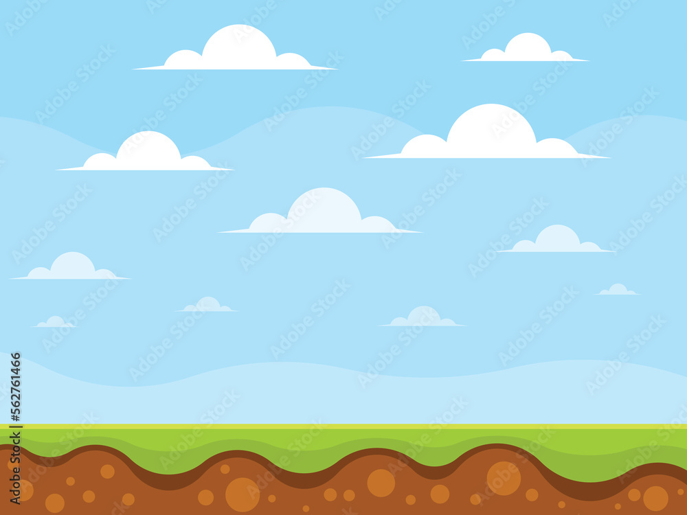 Simple game background with grass, blue sky and white clouds. Vector ...
