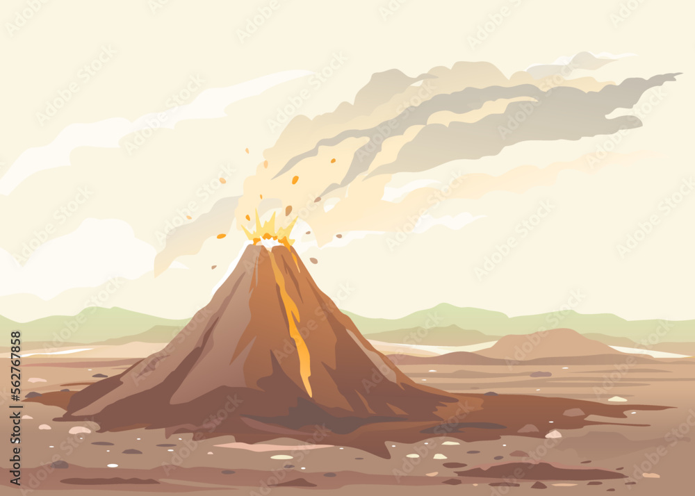Volcano eruption of orange lava flows down the hill and stones flying ...