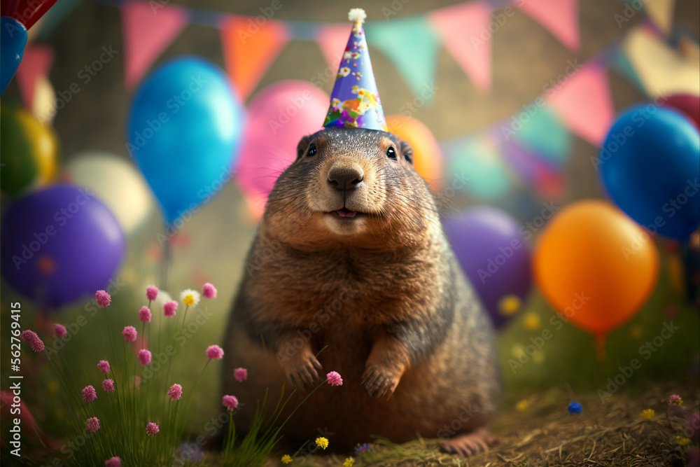 Groundhog Celebrating with Party Hat and Air-Balloons in the Background ...