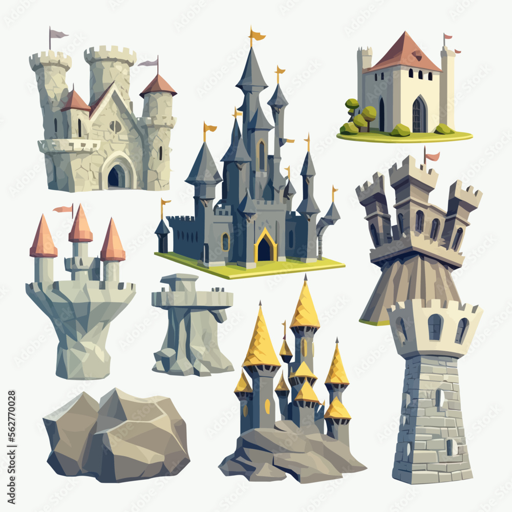 Set of cartoon fantasy castles isolated on white background. Isolated ...