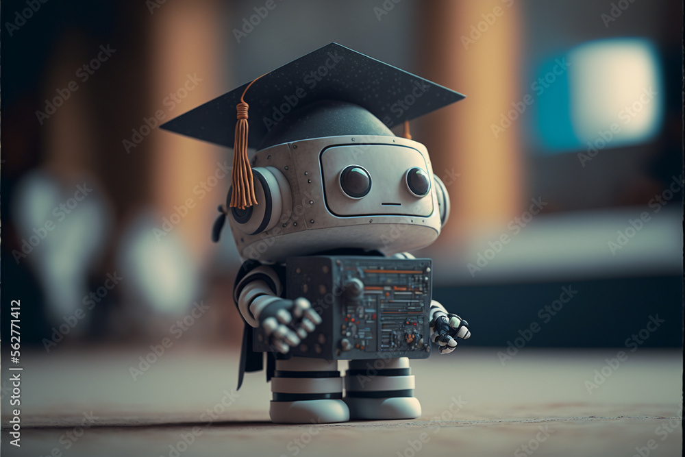 little cute robot wearing graduation cap , beautiful eyes ...