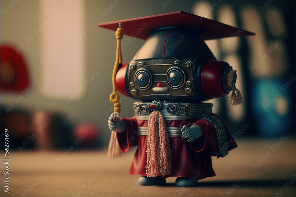 little cute robot wearing a red graduation cap and gown, beautiful big ...