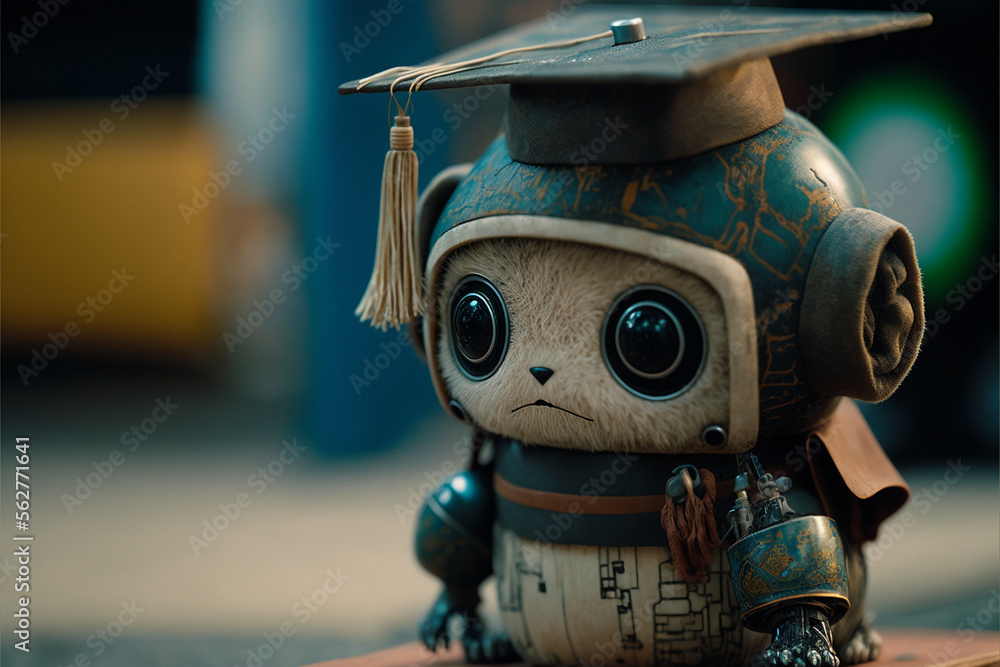 little cute robot wearing graduation cap , beautiful big eyes ...