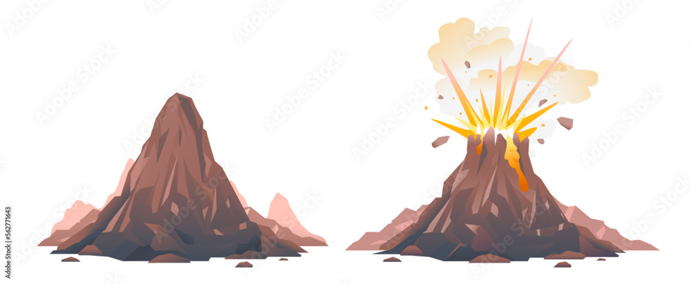 One big brown volcano with explosion and smoke, volcano before the ...