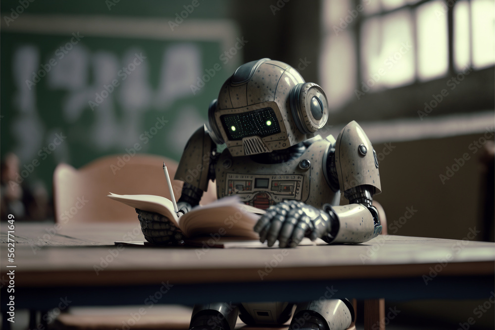 robot student sits at a school lesson at a desk, does homework ...