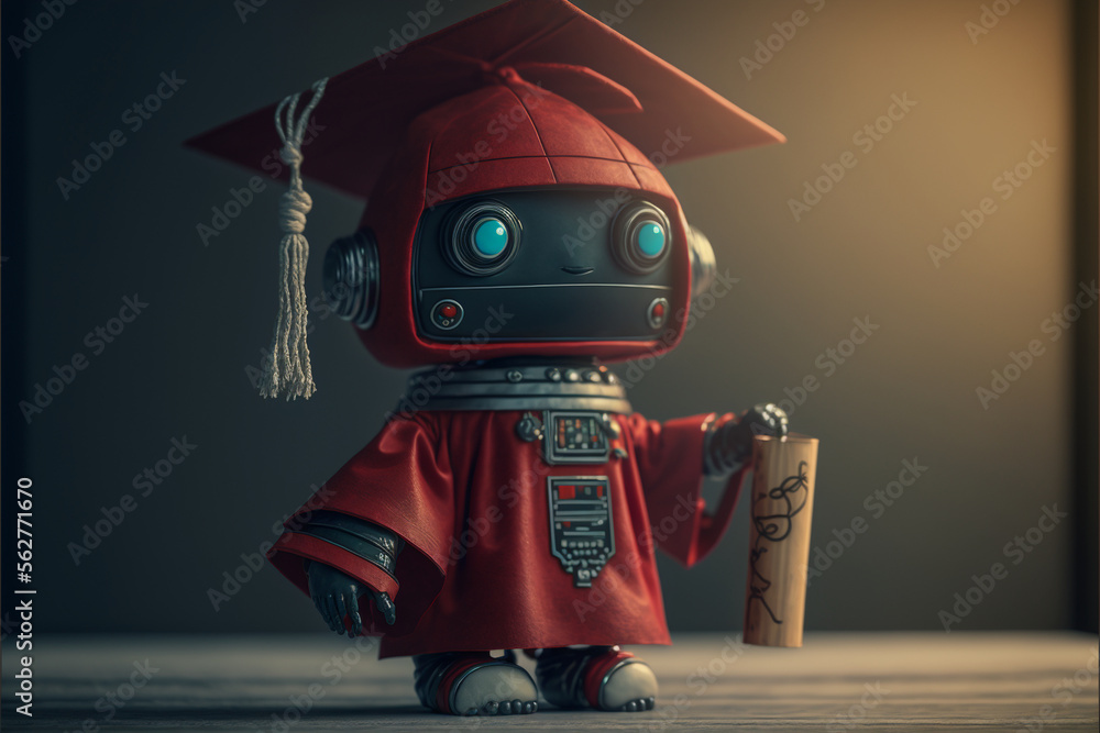 little cute robot wearing a red graduation cap and gown, beautiful big ...