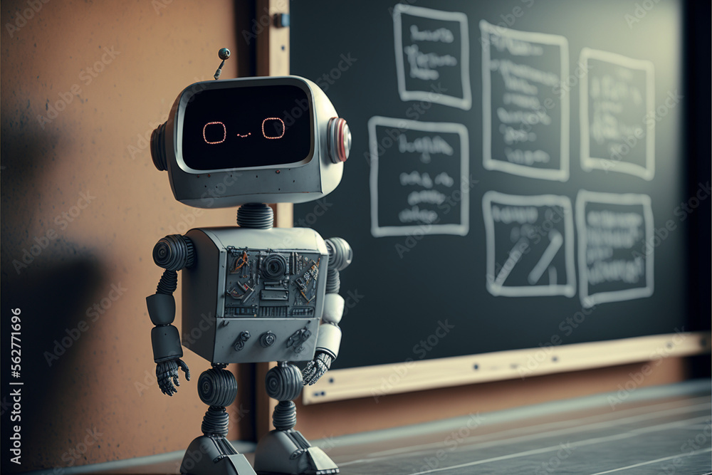 robot student at a school lesson answers near the blackboard, tells ...