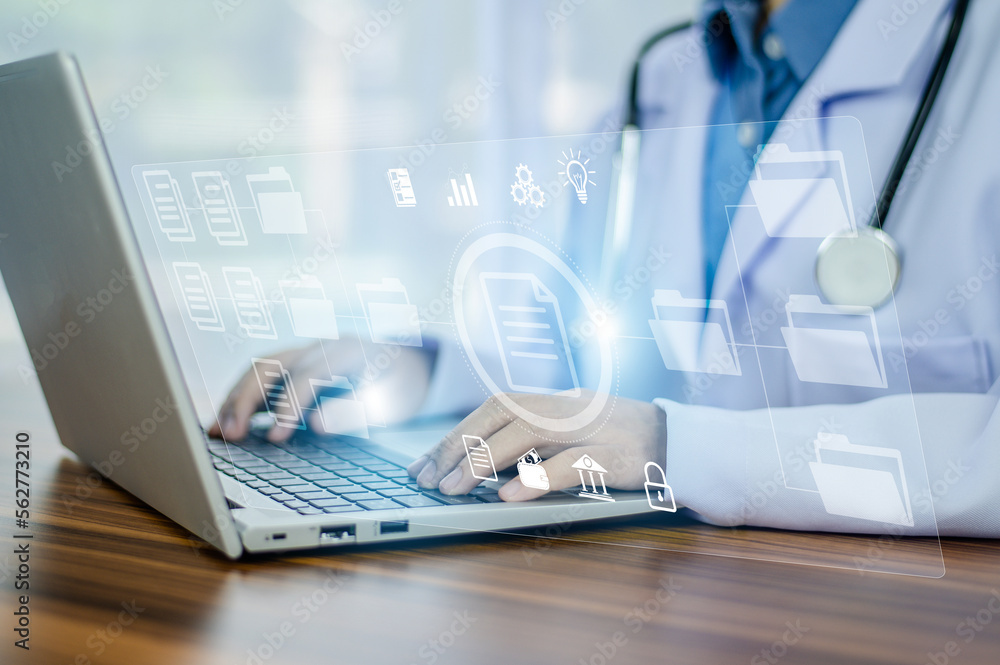 Documents concept, Doctor use computer connection server data base ...