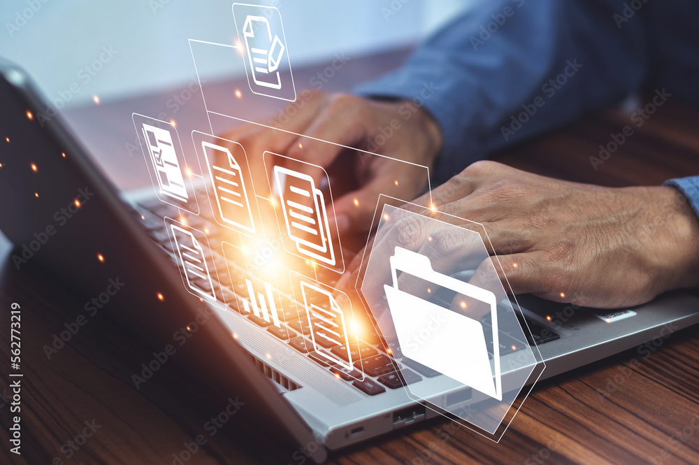 Document management concept, Businessman using computer to document ...