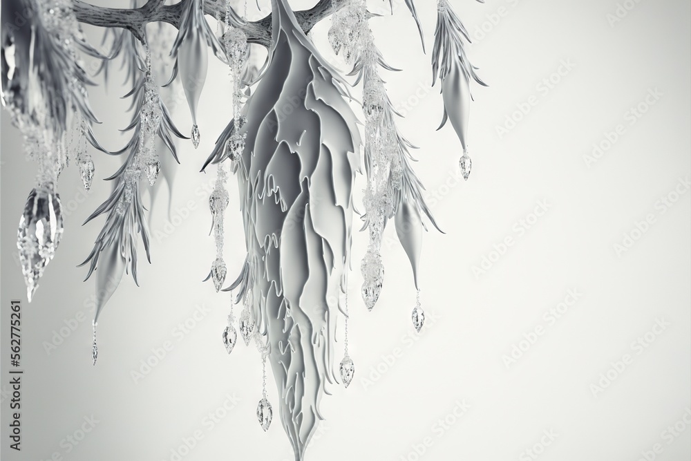 a tree branch with ice hanging from it's branches and snow flakes ...
