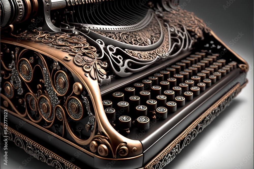 a close up of a typewriter with a black background and a gold trimming ...