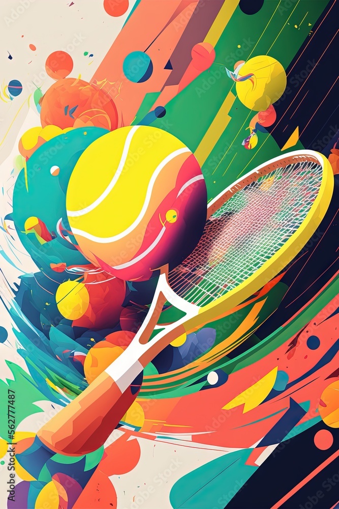 a tennis racket and ball are in a colorful abstract painting style with ...