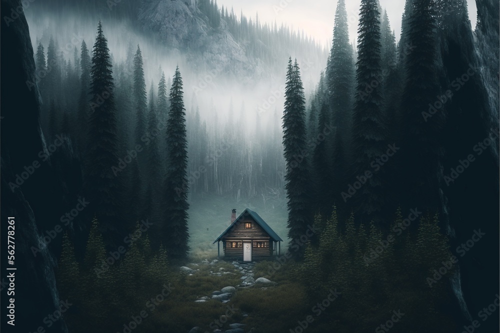 a cabin in the middle of a forest with fog and trees on the mountain ...