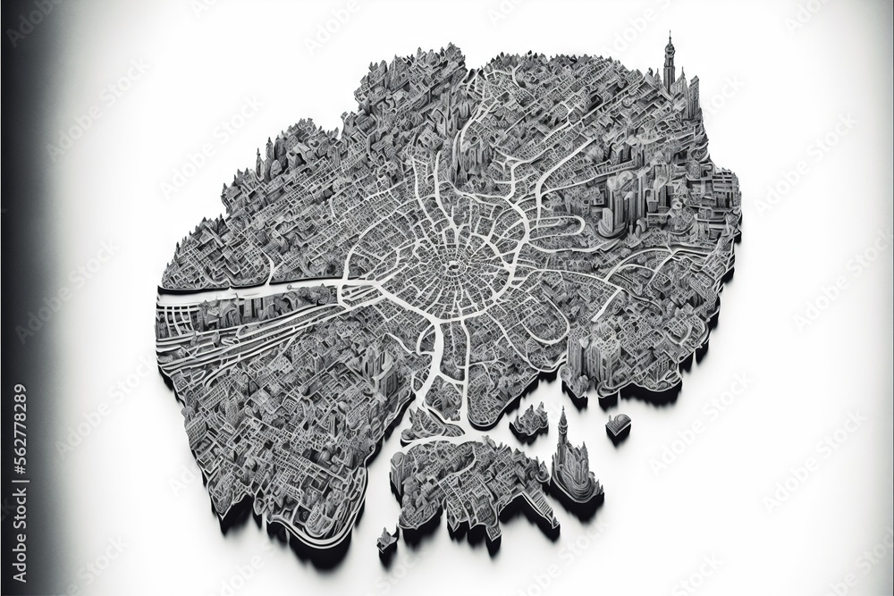 a black and white map of a city with buildings and streets in it, with ...