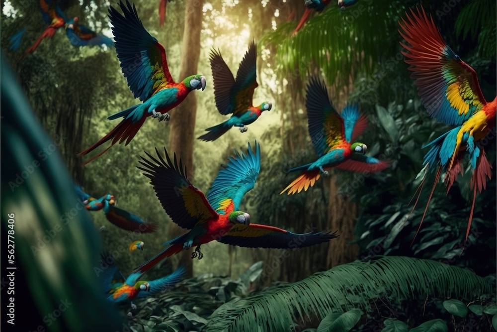 a group of colorful birds flying through a forest filled with trees and ...