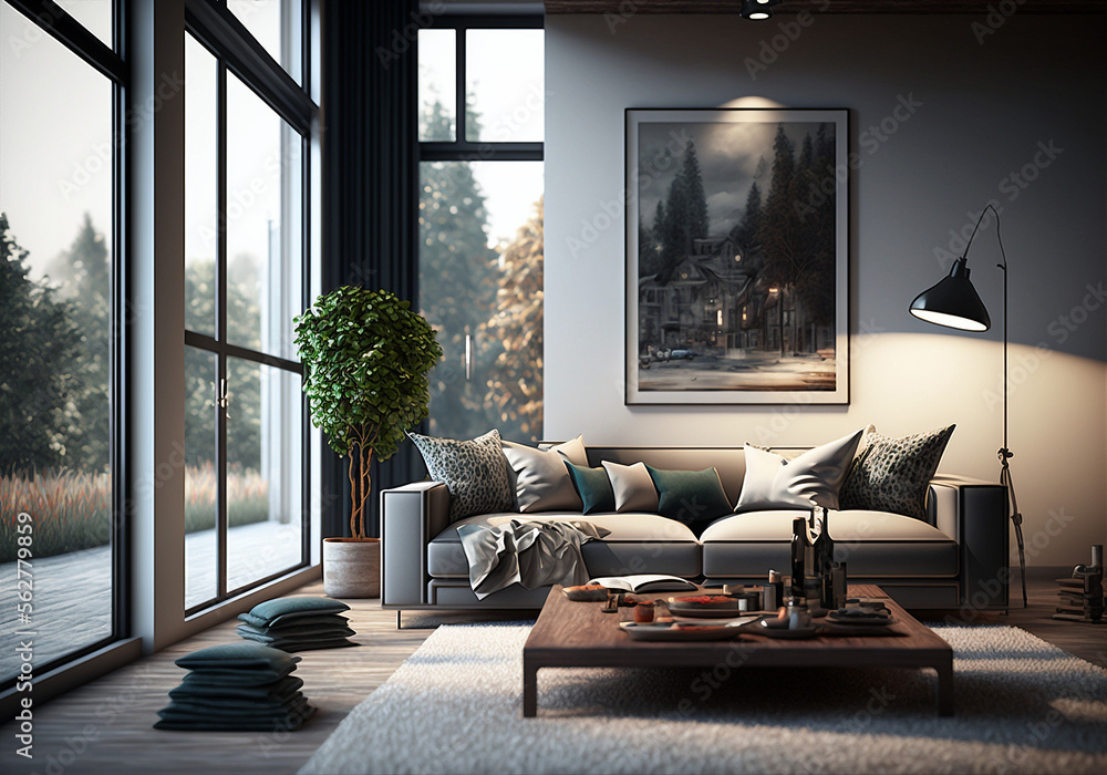 Generative AI luxurious interior design of open space with windows and ...