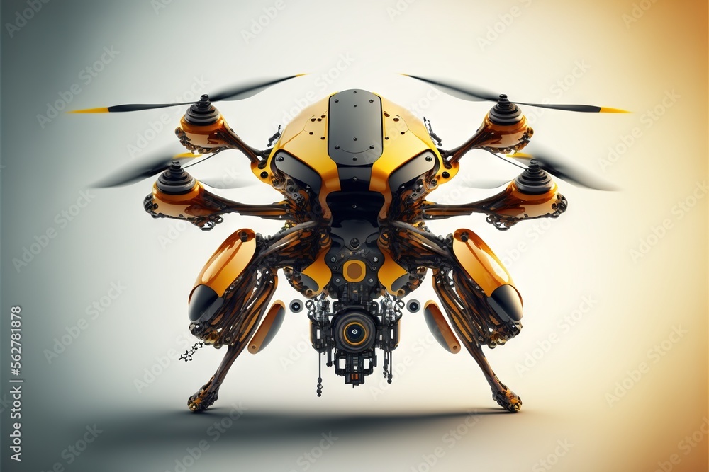 a yellow and black flying robot with propellers on its back and wings ...