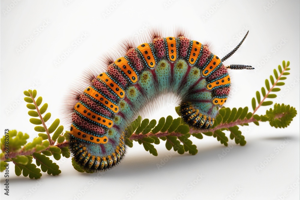 a very colorful caterpillar on a branch with leaves on it's side, with ...
