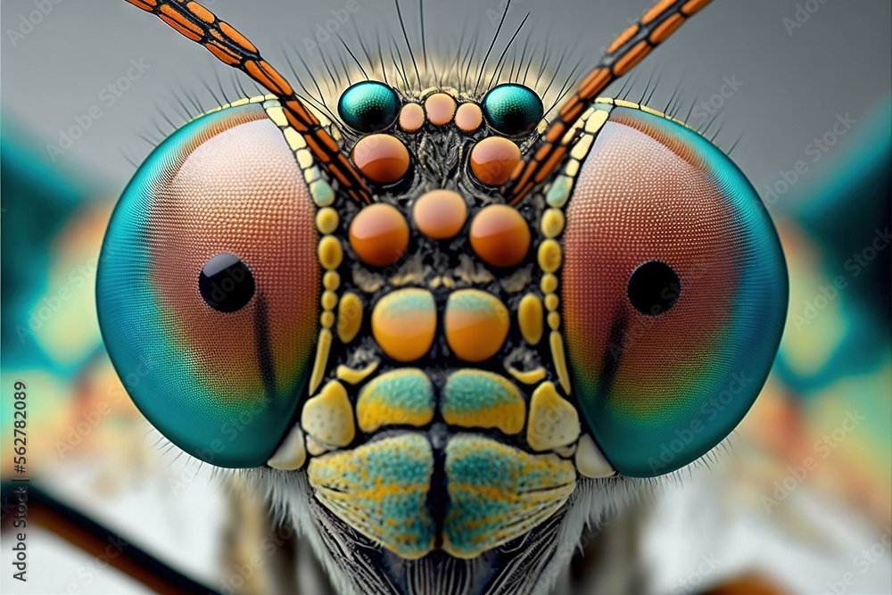 a close up of a colorful insect's face and eyes with a long nose and ...