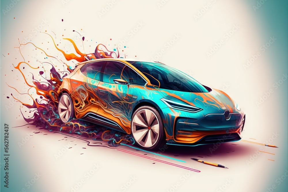 a car with a lot of paint on it's hood and wheels, with a blue ...