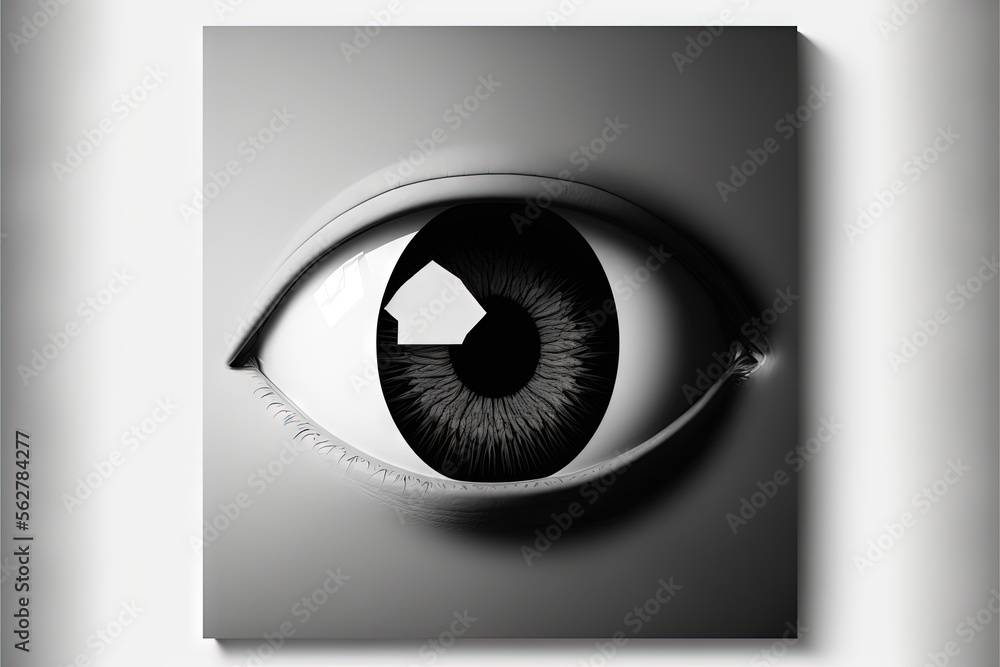 a black and white photo of a eye with a shadow on the wall behind it ...