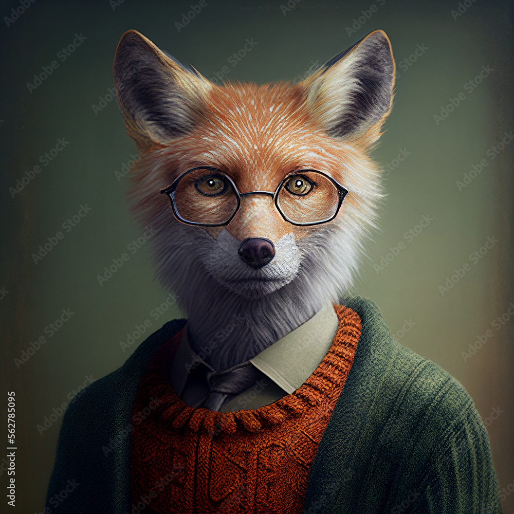 Surreal hybrid creature, half fox, half man in mythologie, wearing a ...