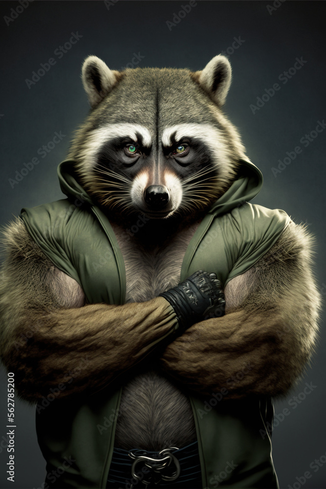 a raccoon wearing a green jacket and gloves with his arms crossed and ...