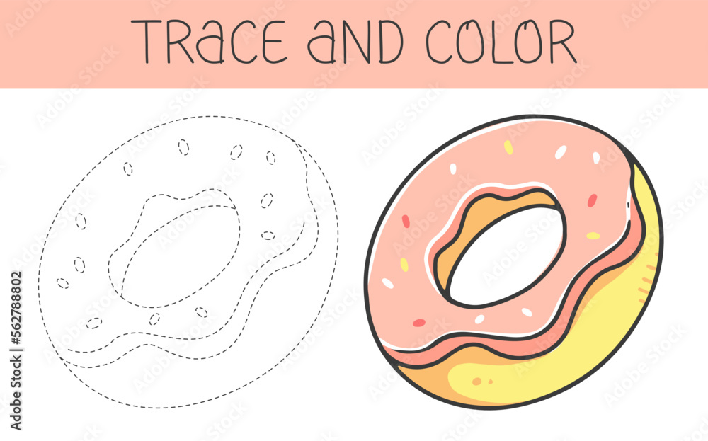 Trace and colour coloring book with donut for kids. Coloring page with ...