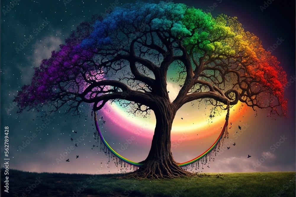 a rainbow tree with a rainbow ring in the middle of it's trunk and a ...