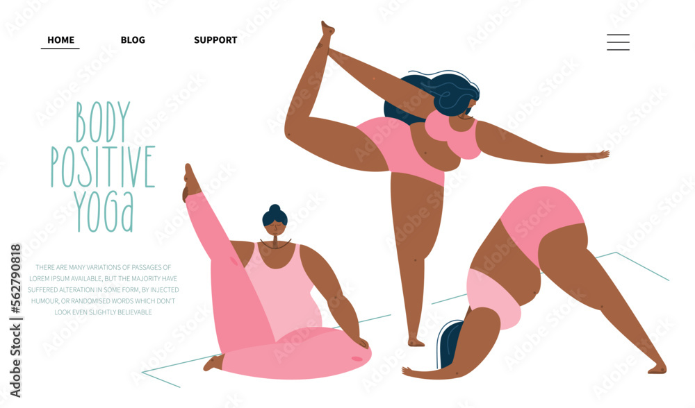 The web landing page with body positive curvy womans do YOGA. Fat girl ...