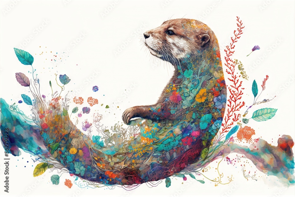 a painting of a sea otter with colorful leaves and flowers on its back ...