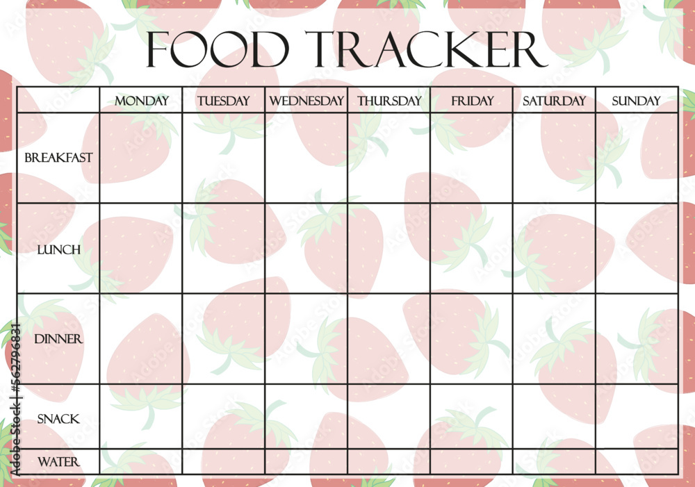Food tracker page on pastel strawberry background. Weekly planner ...