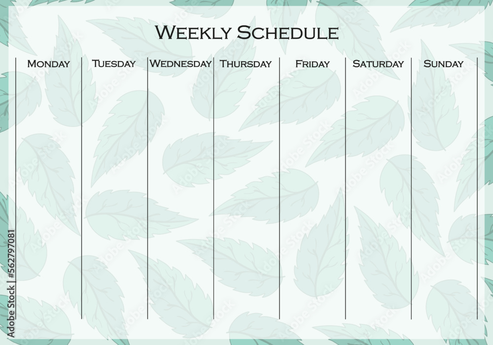 Weekly schedule page on pastel mint leaves background. Event planner ...