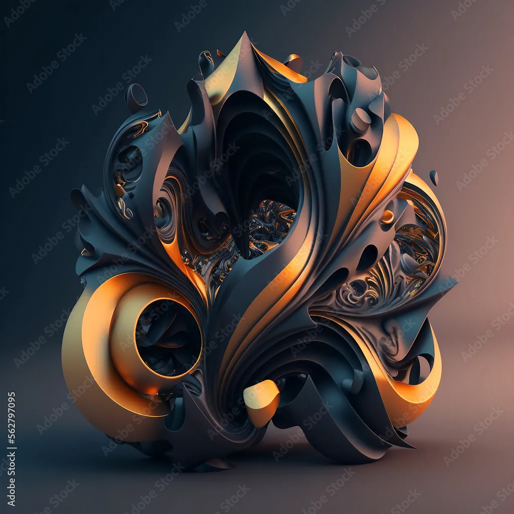 3D Abstract Art, Gold and dark gray object, Realistic Illustration ...