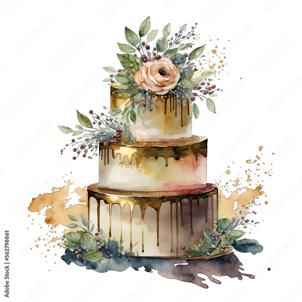 Watercolor wedding cake illustration, dripping gold icing cake with ...