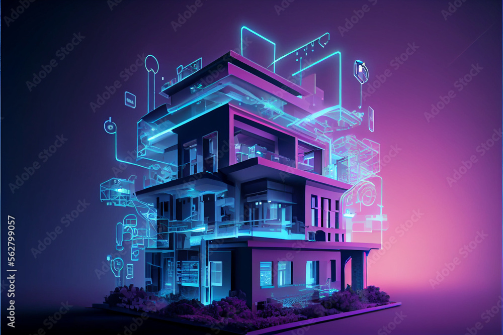 Modern smart home, against the background high-rise buildings ...