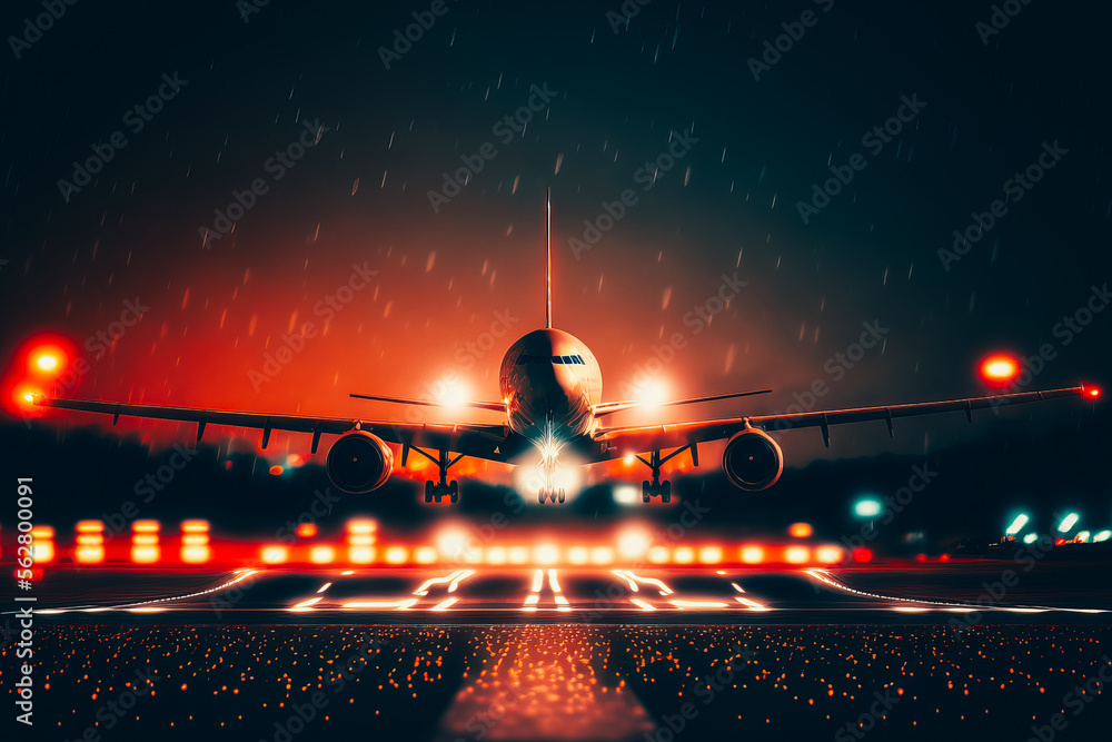 Airplane during take off on airport runway at night against air traffic ...