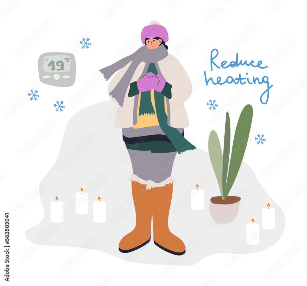Reduce heating. Save Energy. Woman is wearing Winter Clothes, Home ...