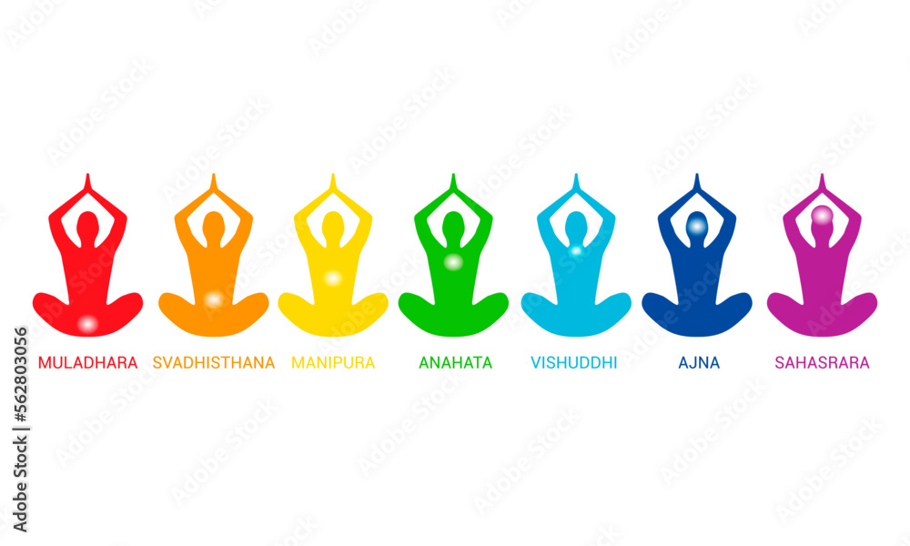 Human silhouettes in yoga pose with chakras. Yoga illustration ...