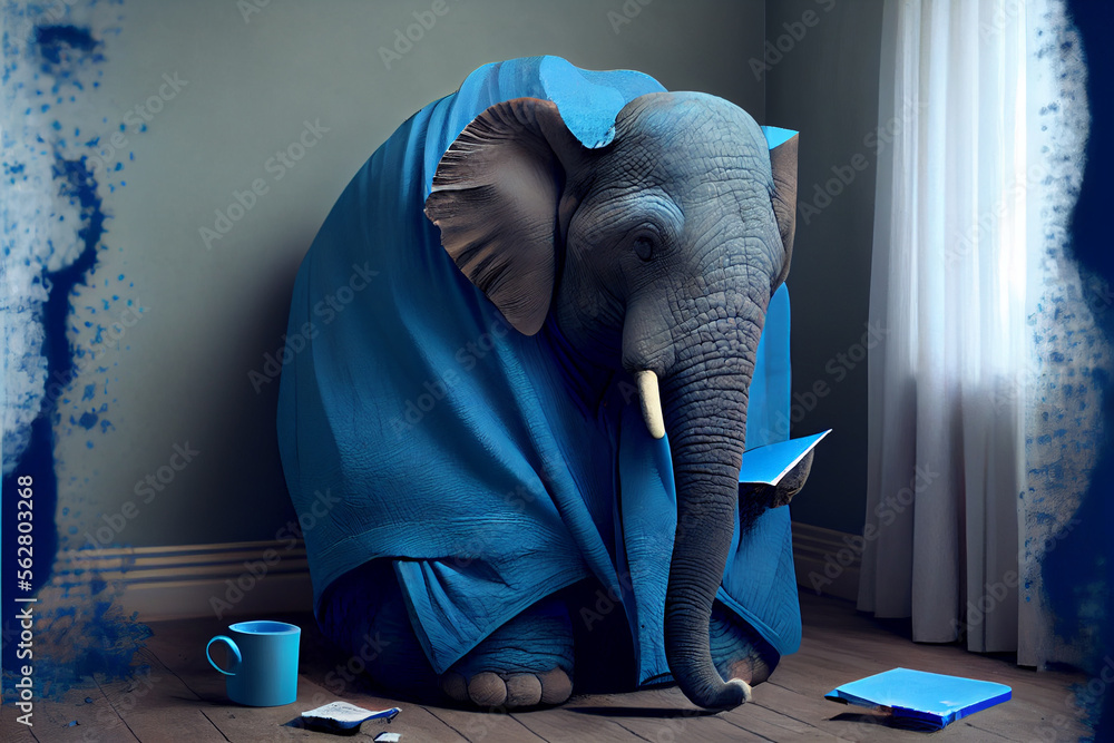 Blue Monday elephant concept, sad depressing day, elephant in a room ...