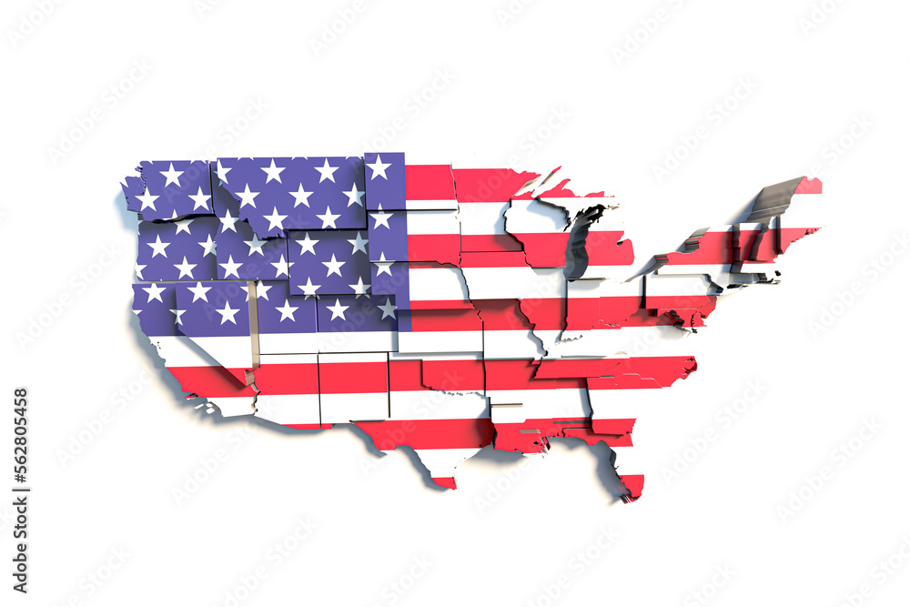 USA America map with flag colors and shadow on white background by 3D ...