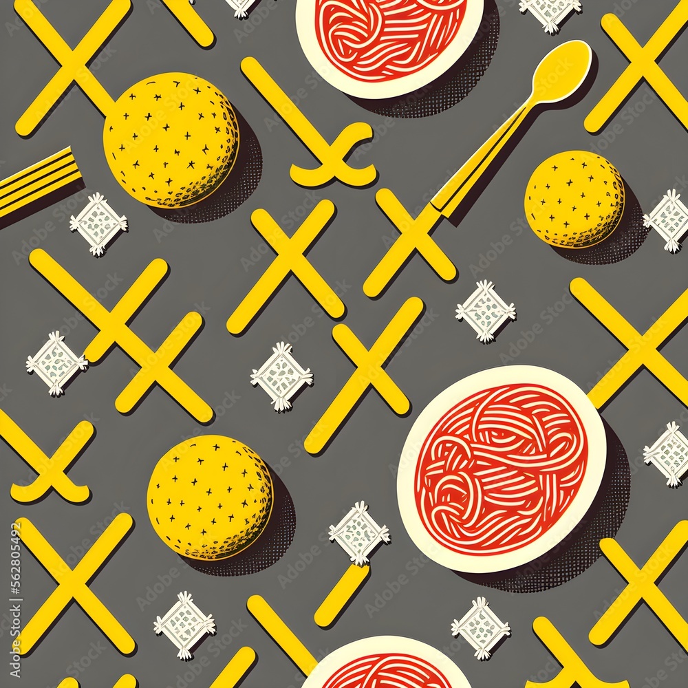 illustrated yellow spaghetti noodles and red meatballs on a grey ...