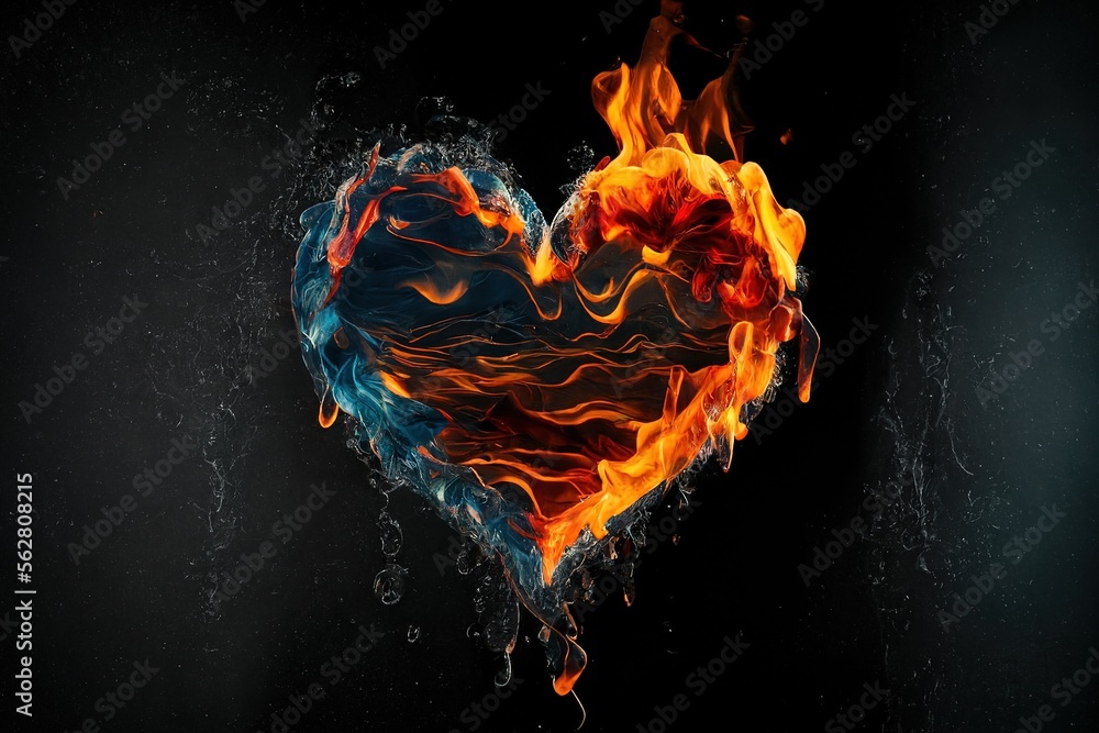 Background image, 3d heart where water and flames of fire are connected ...