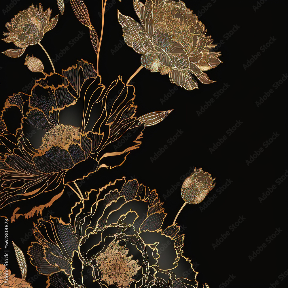 Gold outlined flowers on black background, AI assisted finalized in ...